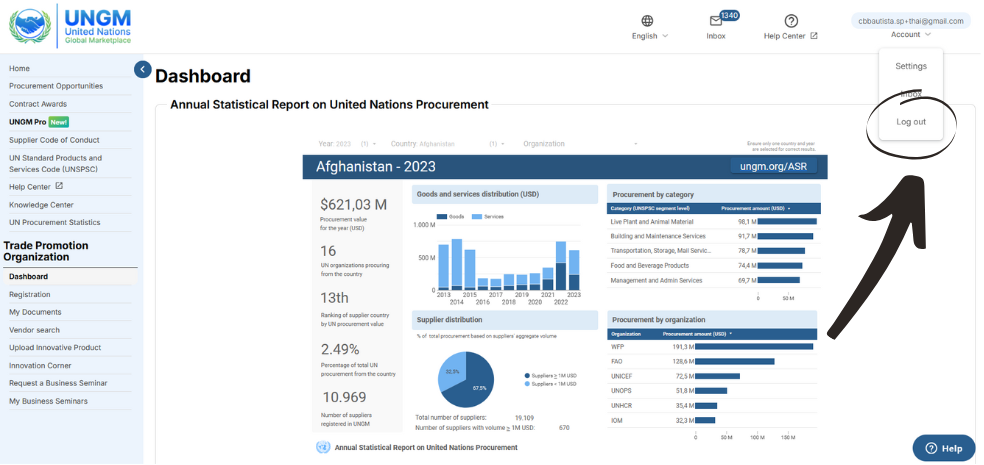 How to log out of the UNGM account as a Trade Promotion Organization ...